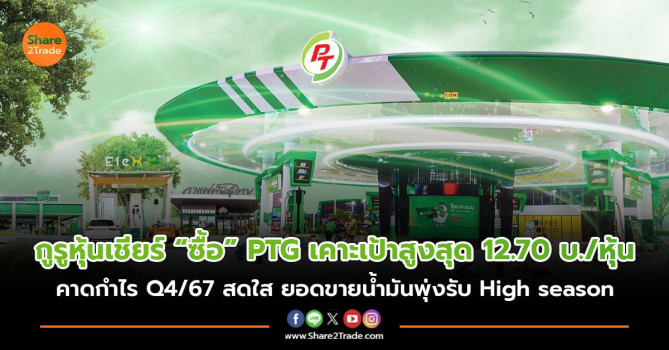 กูรูหุ้นเชียร์ “ซื้อ” PTG เคาะเป้าสูงสุด 12.70 บ./หุ้น คาดกำไร Q4/67 สดใส ยอดขายน้ำมันพุ่งรับ ...